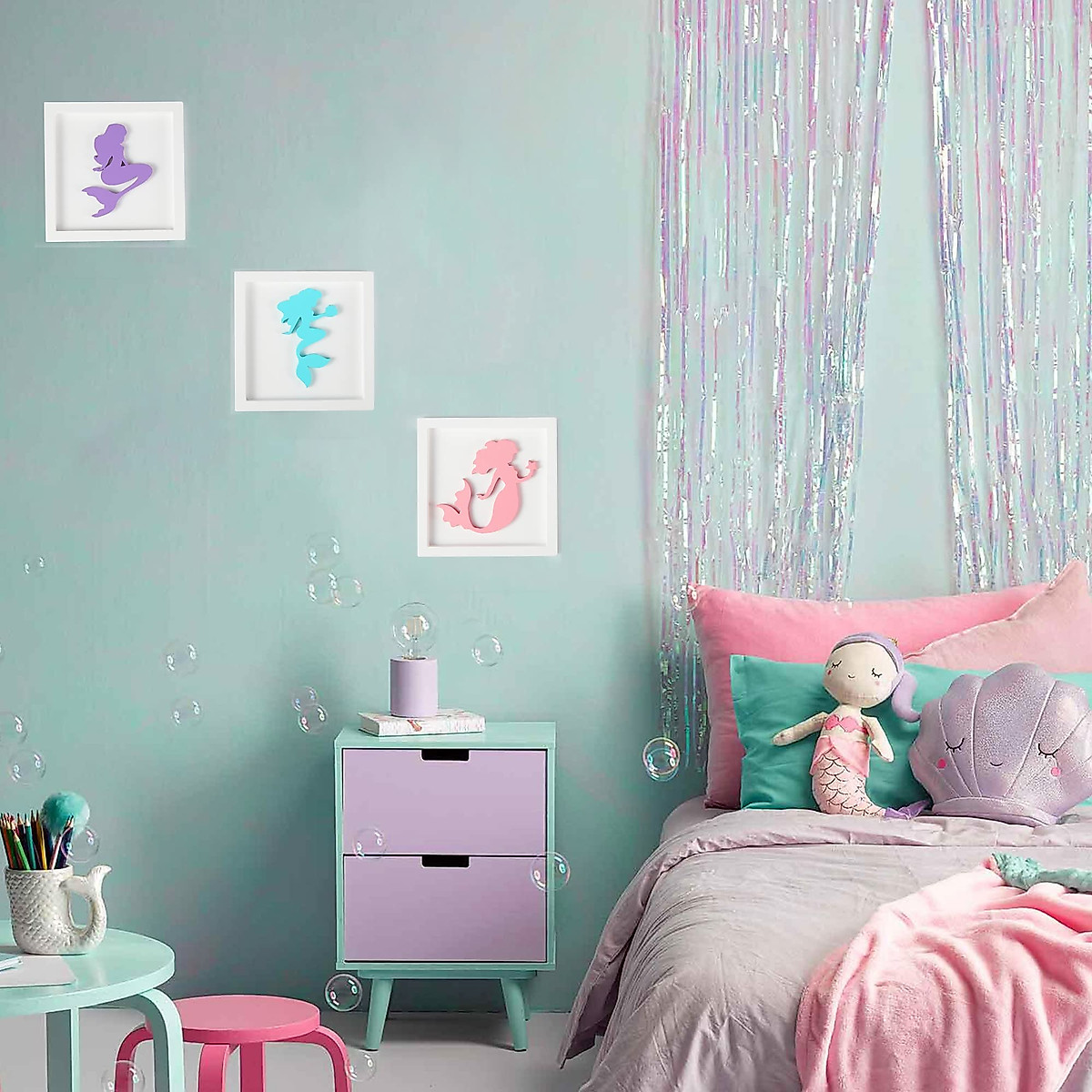 Mermaid Room Decor for Girls Bedroom, 3D Mermaid Wooden Framed Set of 3 Wall Decor, Mermaid Bathroom Accessories, Purple Aqua Pink Nursery Accessories, Hanging Wall Art, Little Mermaid Gift