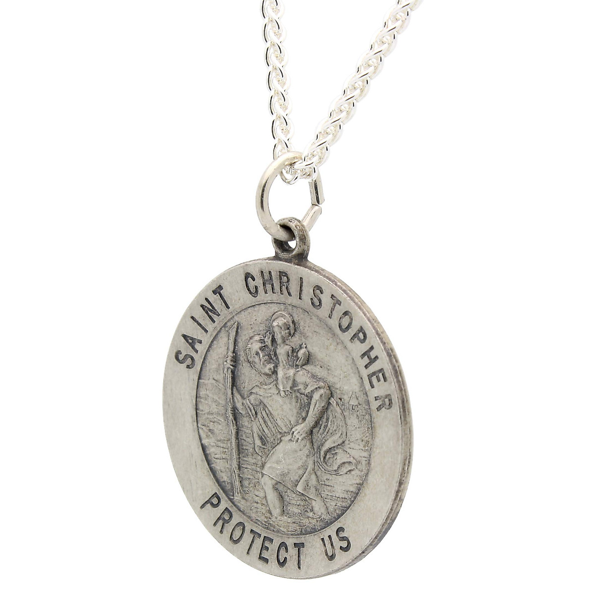 All Patron Saints Round St. Christopher Necklace Medal Solid 925 Sterling Silver With Jewelry Gift Box - Personalized Engraving (Size 25 MM (Adult Male)