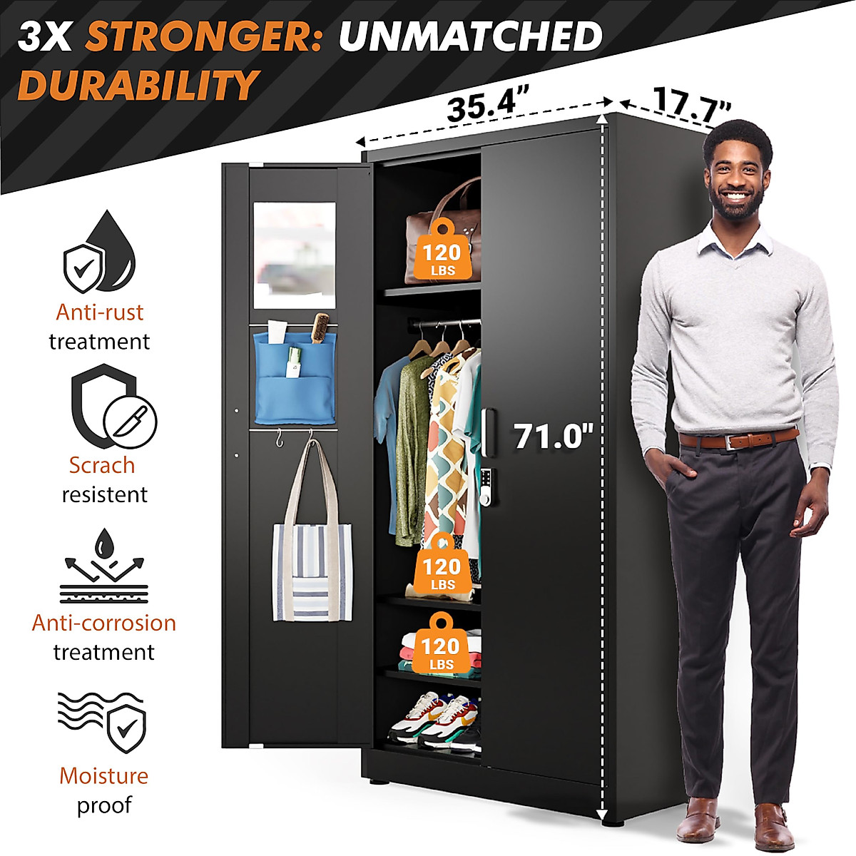 METALTIGER 72" Metal Wardrobe Armoire Closet Cabinet with Digital Lock, Adjustable Shelves, Hanging Rods, and Mirror - Lockable Steel Storage Locker Office, Gym, Laundry Room, or School (Black)