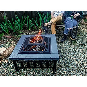 Yardom 34 inch Outdoor Fire Pits BBQ Square Firepit Table Backyard Patio Garden Stove Wood Burning Fireplace with Grill, Spark Screen Cover, Poker, Rain Cover