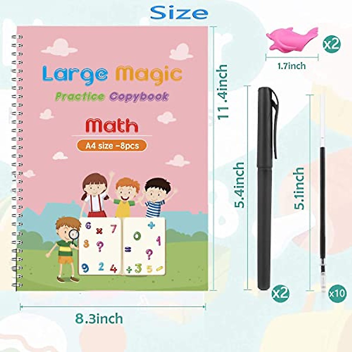 Monking 4Pc Large Magic Practice Copybook for Kids,Handwriting Practice Book 4 Pack with Pen Refill English Cursive Calligraphy Reusable Age 3-8 ，11.4x8.3Inch (4pc+2 pen)