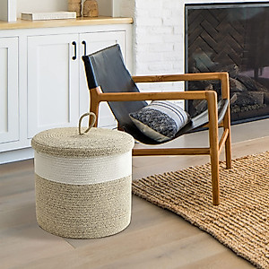 Tegance Blanket Basket with Lid, 16"D x 14"H Large Woven Rope Basket Laundry Basket Baby Toy Storage Basket Hamper Decorative Nursery Bin for Living Room Bedroom with Handles (Brown&White)