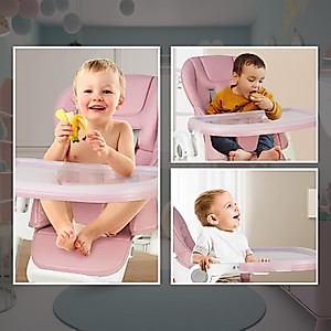 babimoni Baby High Chair, High Chairs for Babies and Toddlers, Adjustable, Foldable and Portable High Chair, Removable PU Leather and Tray for Easy Clean, Travel Feeding Chair, Pink