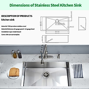 EcoChannels Undermount Kitchen Sink, 32 x 19 Inch Sink Kitchen 16 Gauge Stainless Steel Large Kitchen Sinks Single Bowl