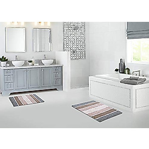 Bathroom Rugs Luxury Stripe Bath Rug Set 21x32-17x24 Spa Grey-Beige,2Piece Mat Set, Soft Plush Anti-Skid Shower Rug +Toilet Mat.Shaggy Carpet, Super Absorbent mats, Machine Washable Bath Mat,