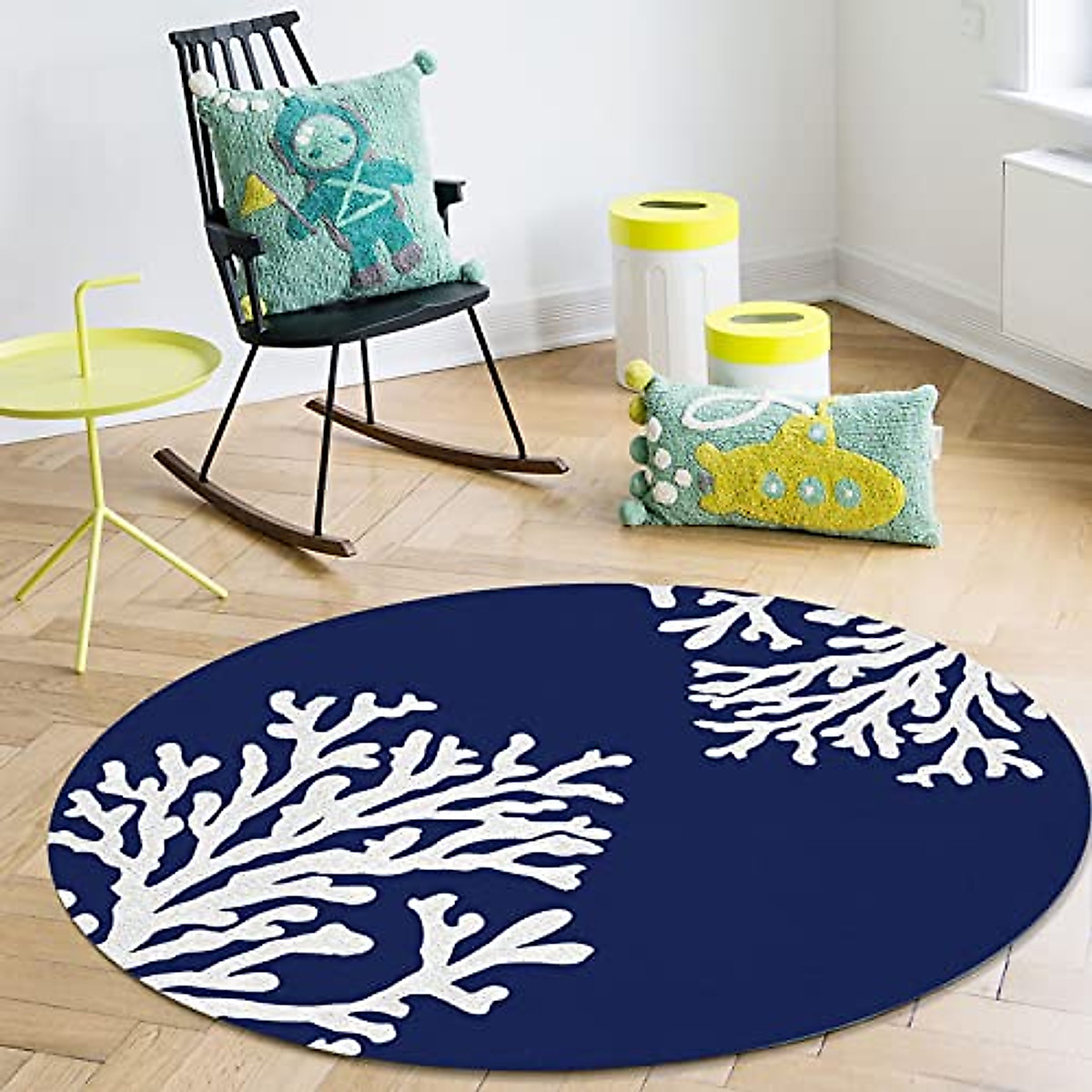 Round Area Rug 4ft Coral Beach Floor Carpets Washable Indoor Floor Area Mat Stain-Proof Mat Non-Skid Rugs for Living Room Dining Kitchen Bedroom Nursery, Ocean Theme Navy Blue Nautical Rug