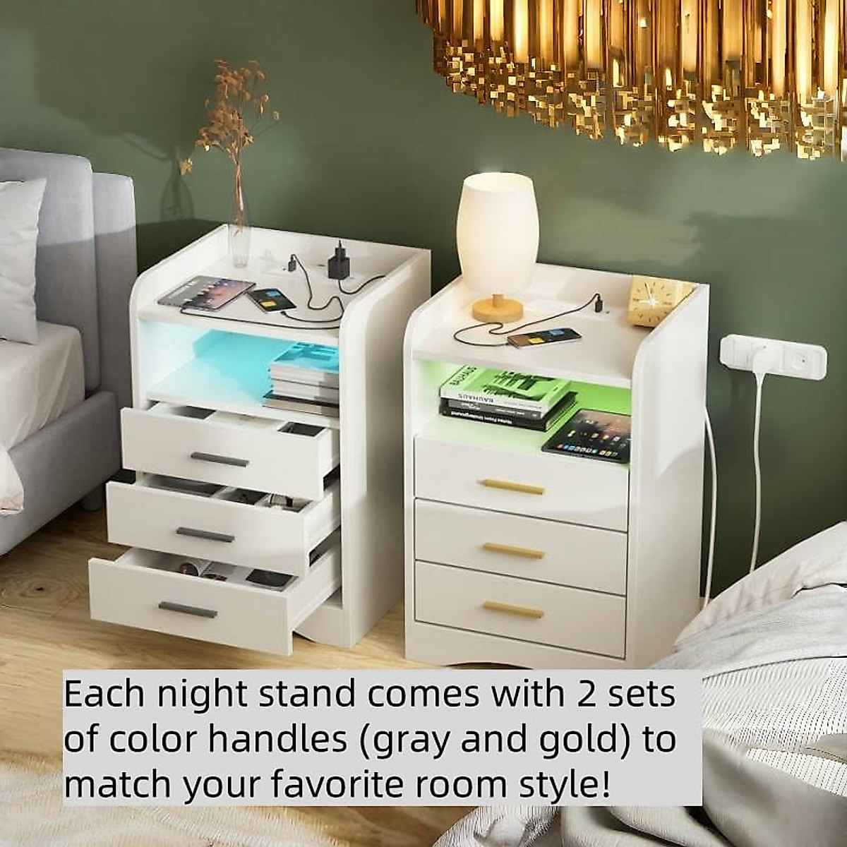 Halitaa White Night Stand with Charging Station, Side Tables with USB Ports & Outlets, End Table with 3 Drawers,LED Night Stand with Storage for Living Room/Bedroom