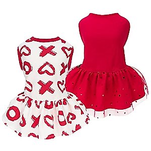 Fitwarm 2-Pack Dog XOXO Tulle Dress, 100% Cotton Dog Clothes for Small Dogs Girl, Cat Apparel, Red, XS