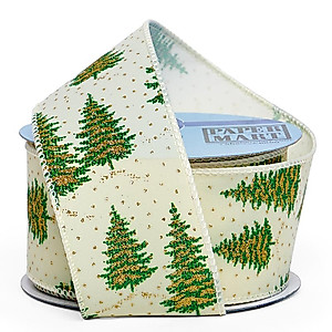 2 1/2" X 10 Yards Christmas Trees On Wired Ribbon,Glitter Pine Trees Ivory Velvet, Multi, Roll 1