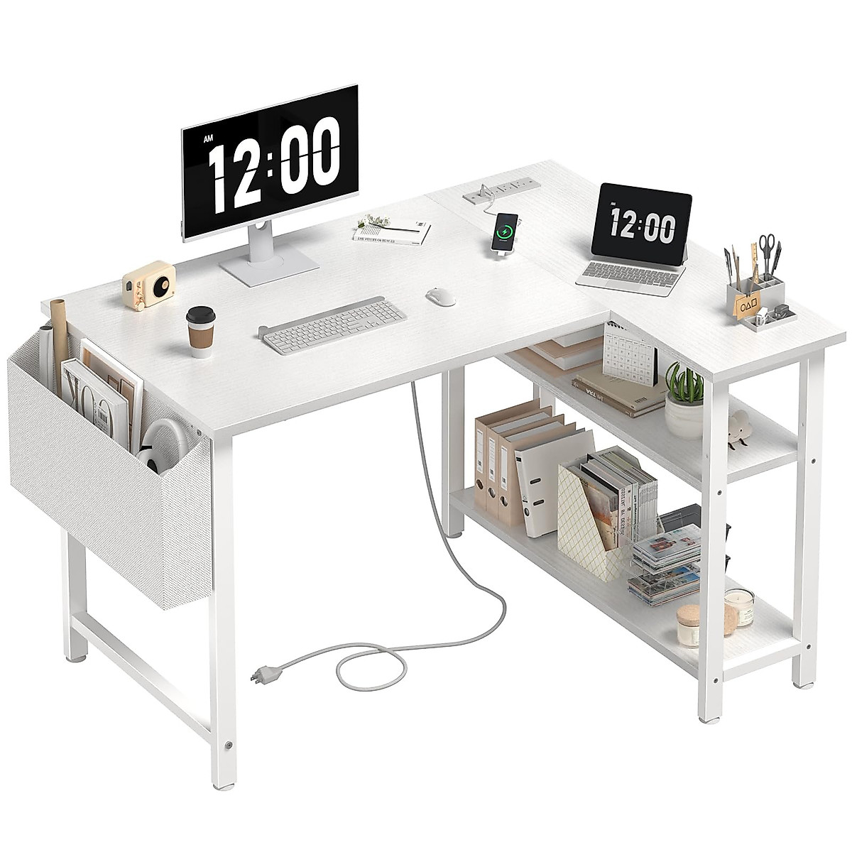 DLisiting White L Shaped Computer Desk with Power Outlet Shelves, 40 Inch Small Corner Desk for Small Space Home Office, Study Work PC Desks for Bedroom, White