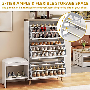 DWVO Shoe Cabinet with Bench for Entryway, Modern Shoe Storage Cabinet Shoe Bench, Narrow Hidden Shoe Organizer with 3 Flip Drawer, for Hallway, Closet, Living Room, White