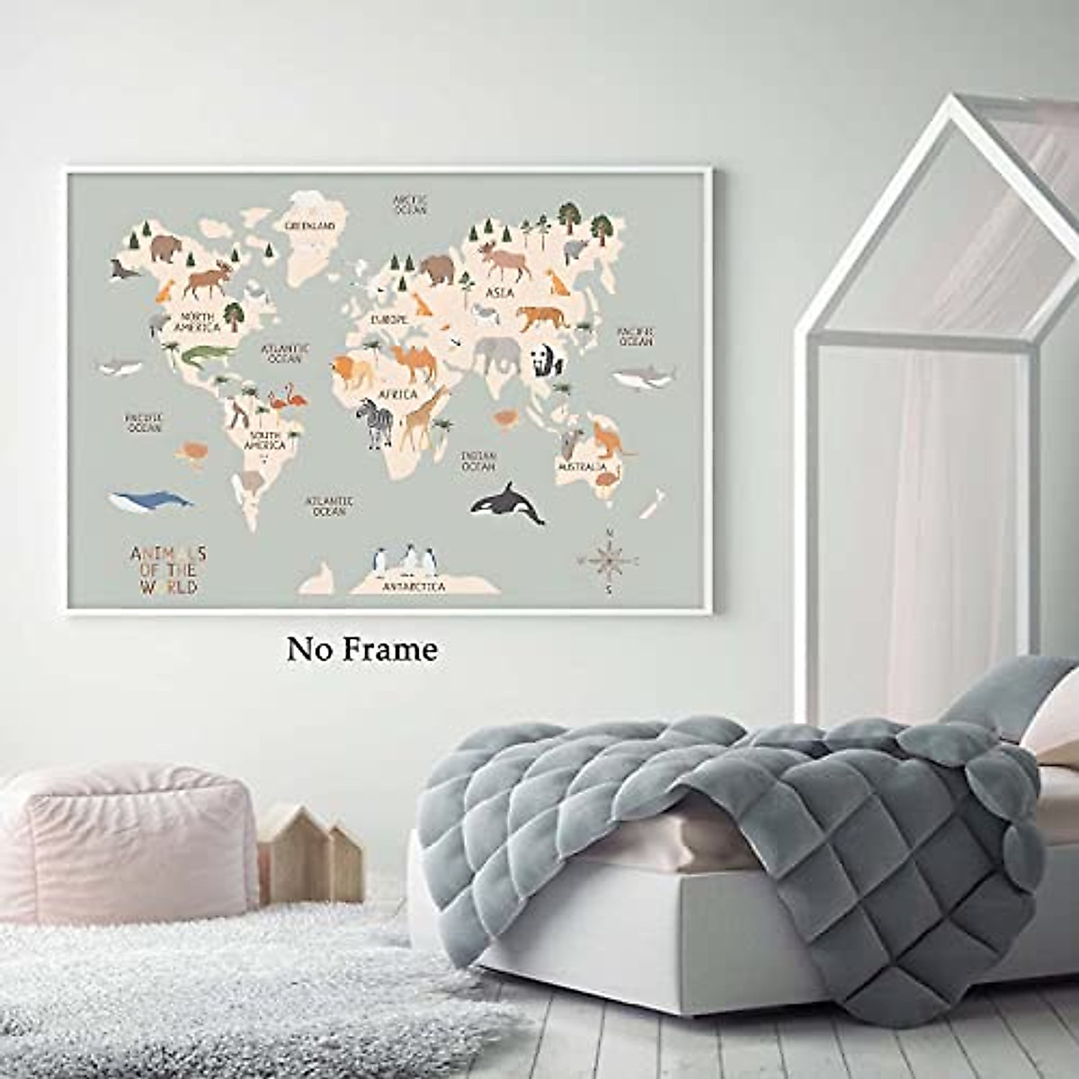 World Map Poster Animals Nursery Educational Wall Pictures Green World Map Wall Art Animal Nursery Pictures Animal Map Canvas Wall Art Nursery World Map Wall Art Watercolor Map Wall Art 16x24in No Frame