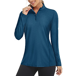 MAGCOMSEN Women's Shirts Long Sleeve 1/4 Zip UPF50+ Sun Protection Quick Dry Hiking Workout Athletic Shirt Dark Blue M