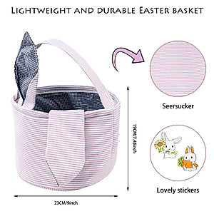 GFU Easter Basket, Seersucker Bunny Baskets for Kids, Eggs Hunt Bag with 2pcs Stickers, Cute Rabbit Ears Stripe Storage Bag, Children Personalized Easter Gifts