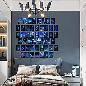 HZSYF Blue Photo Wall Collage Kit - Galaxy Stars Wall Art Space Posters Pictures Aesthetic Room Decor for Boys Girls Bedroom Dorm Nature Nebula Starry Night Universe Artwork 50 Set 4x6inch UNFRAMED