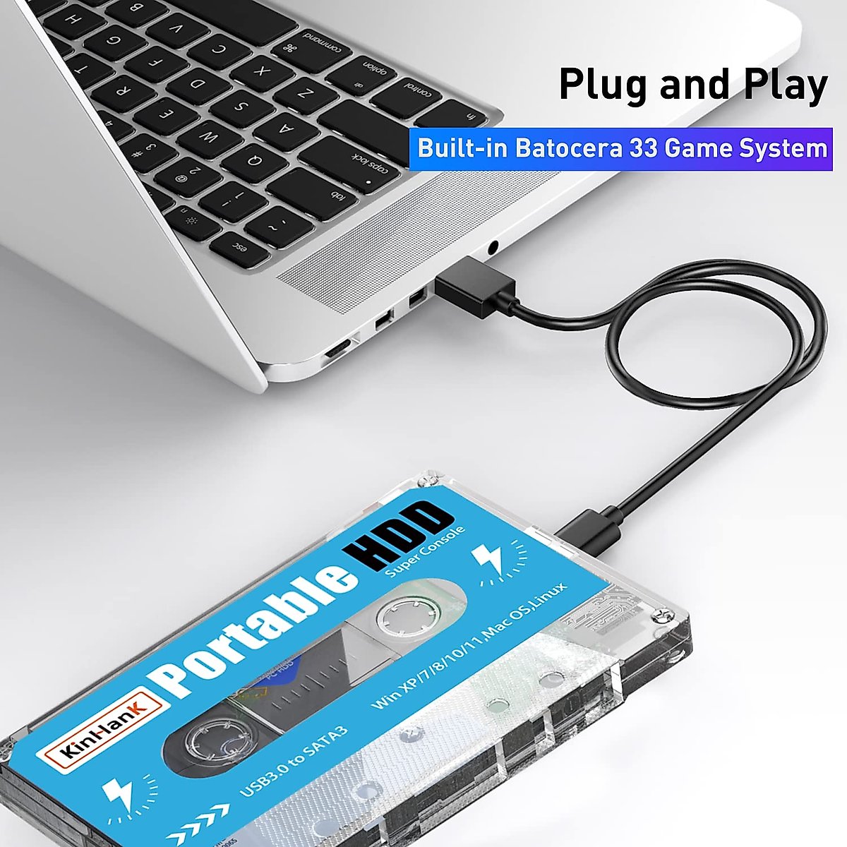 Kinhank 500G HDD External Hard Drive with 111700+ Retro Games, Batocera 33 Gaming System,Game Consoles Compatible with Most Emulators,SATA 3.0,for Laptop/PC/Windows/Mac OS,2 Controllers