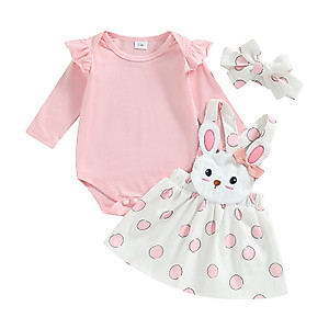 KOSUSANILL Easter Baby Girl Outfit Ruffle Long Sleeve Romper Bunny Suspender Skirt Geometry Dress My First Easter Outfit (Pink, 3-6 Months)