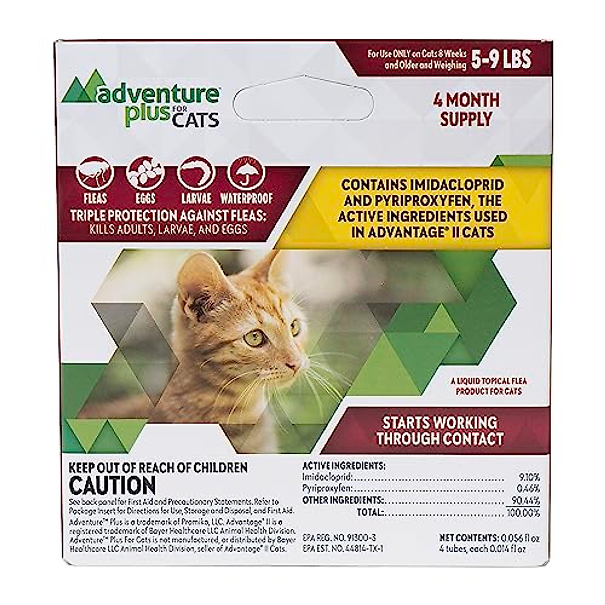 Adventure Plus Triple Flea Protection for Cats – Spot on Flea & Tick Prevention for Cats between 5-9lbs – 4 Doses