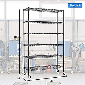 Vnewone 6 Tier Storage Shelves Large Wire Shelving Unit Metal Garage Shelving NSF 82”x48”x18” Heavy Duty Height Adjustable Commercial Grade Utility Steel Rack 2100 LBS Capacity with Wheels,Black