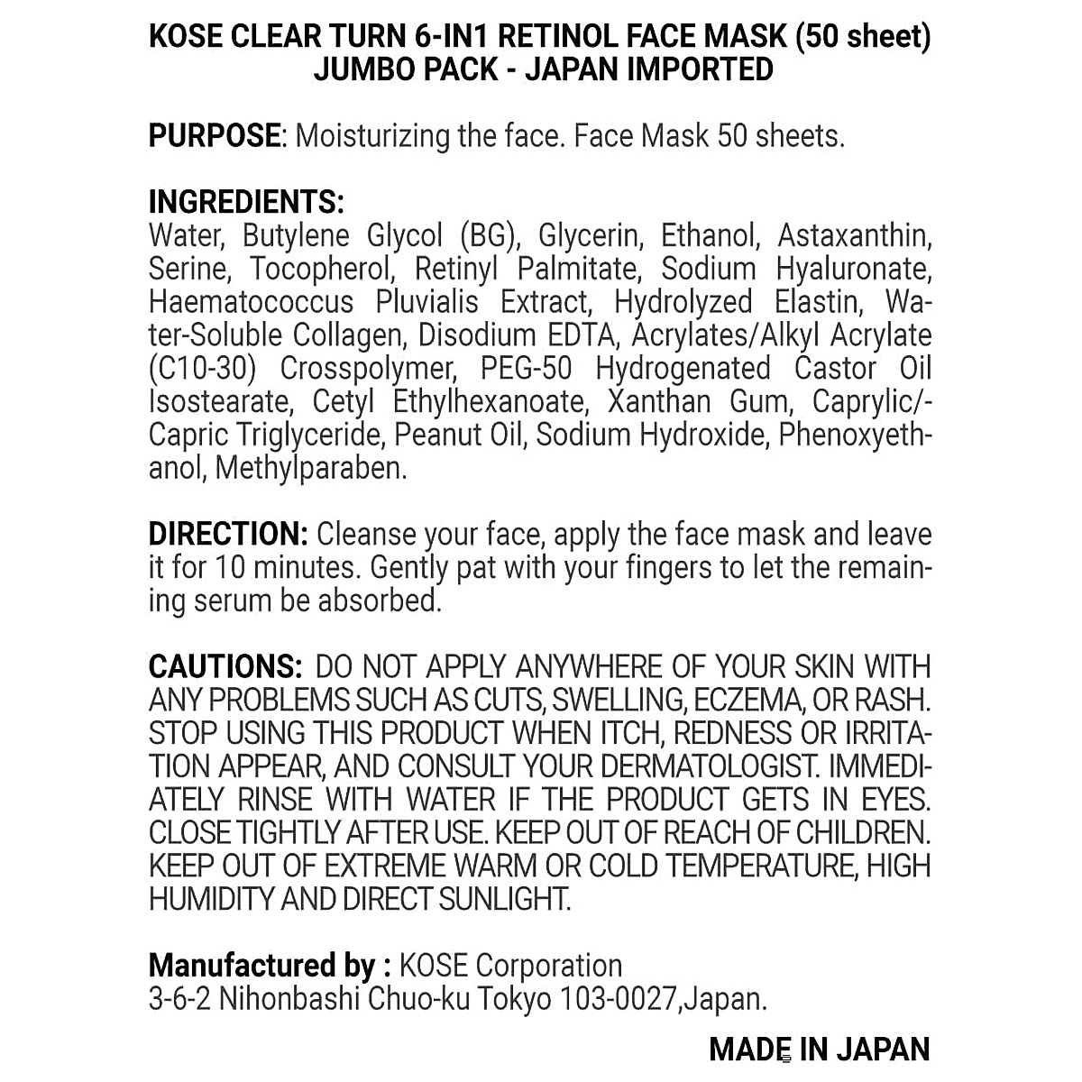Kose Clear Turn 6-in1 Retinol Face Mask (50 sheet) Jumbo Pack - Japan Imported