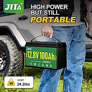 JITA 12V 100Ah LiFePO4 Battery 12.8V Lithium Battery, Built-in 100Amp BMS, 20000+ Deep Cycle,1280W Power Output for Trolling Motor,RV, Solar Power System, Marine, Home Energy Storage and Off Grid