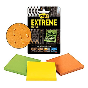 Post-it Extreme Notes, Works outdoors, Removes cleanly, 100X the holding power, Green, Orange, Yellow, 3 in x 3 in, 3 Pads/Pack, 45 Sheets/Pad (EXTRM33-3TRYMX)