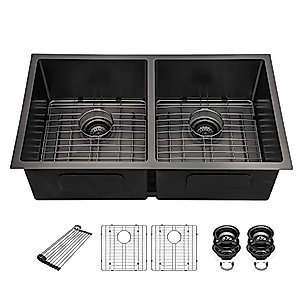Beslend 33 Inch Black Undermount Kitchen Sink - 33”x19”x10” Stainless Steel Gunmetal Black 16 Gauge 10 Inch Deep 50/50 Double Bowl Kitchen Sink Basin