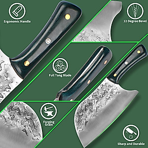 FULLHI 9 PCS Butcher Knife Set with Knife Bag and Sheath - Hand Forged Green handle Chef Knife High Carbon Steel Cleaver Knife Set for Kitchen Camping BBQ