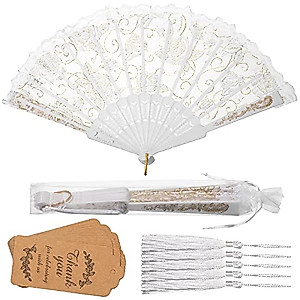 24 Sets Lace Floral Folding Hand Fans Rose Retro Folding Fan Foldable White Hand Fans Bridal Hand Held Fan Lace Decorative Folding Fans Tags with Holes and Bags for Women Wedding Birthday Party