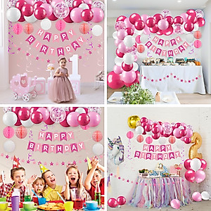 Pink Happy Birthday Party Decorations Set for Women Girls, Pre-Strung Happy Birthday Sign Banner, Pink Balloons, Tissue Paper Pom Poms, Star Garland, Hanging Swirls for Birthday Princess Party