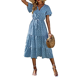 PRETTYGARDEN Women's Floral Boho Dress Casual Short Sleeve V Neck Ruffle Tiered Summer Swing Maxi Dresses(Blue,Medium)