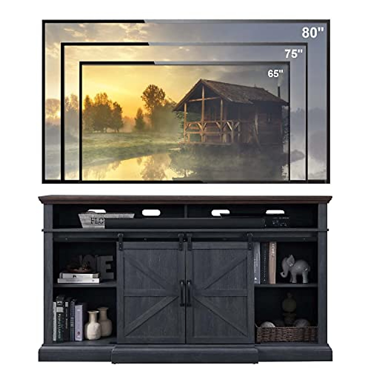 SinCiDo Farmhouse TV Stand for 80 Inch TVs, 39" Tall Entertainment Center w/Double Sliding Barn Door, Large Media Console Cabinet w/Soundbar & Adjustable Shelves for Living Room, 70inch, Dark Grey
