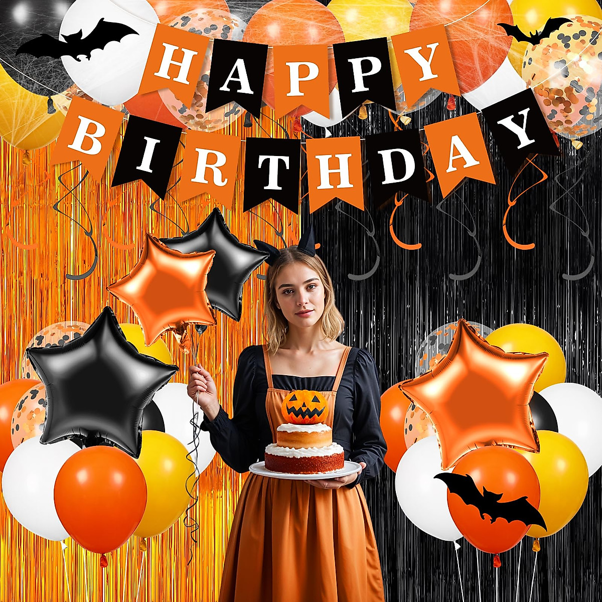 Orange Birthday Decorations Halloween Birthday Party Supplies Orange Black Happy Birthday Banner Balloons Arch Kit Fringe Curtain for Fall Autumn Halloween Birthday Baby Shower Party Decorations