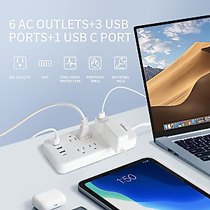 Power Strip with USB Ports, Surge Protector Outlets Extender with 6 Widely-Spaced Outlets and 4 USB(1 USB C), Wall Mount Flat Plug Extension Cord 6ft for Home, Office and Dorm, White