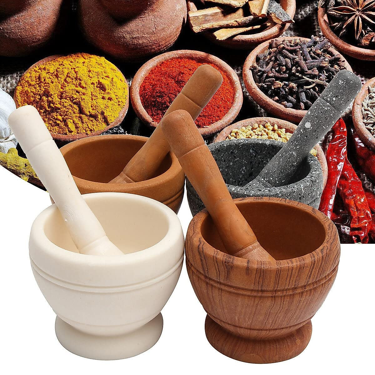 Resin Pestle & Mortar Set Garlic Herb Spice Mixing Grinder Crusher Kitchen Bowl Smashing Tools-Wood Grain