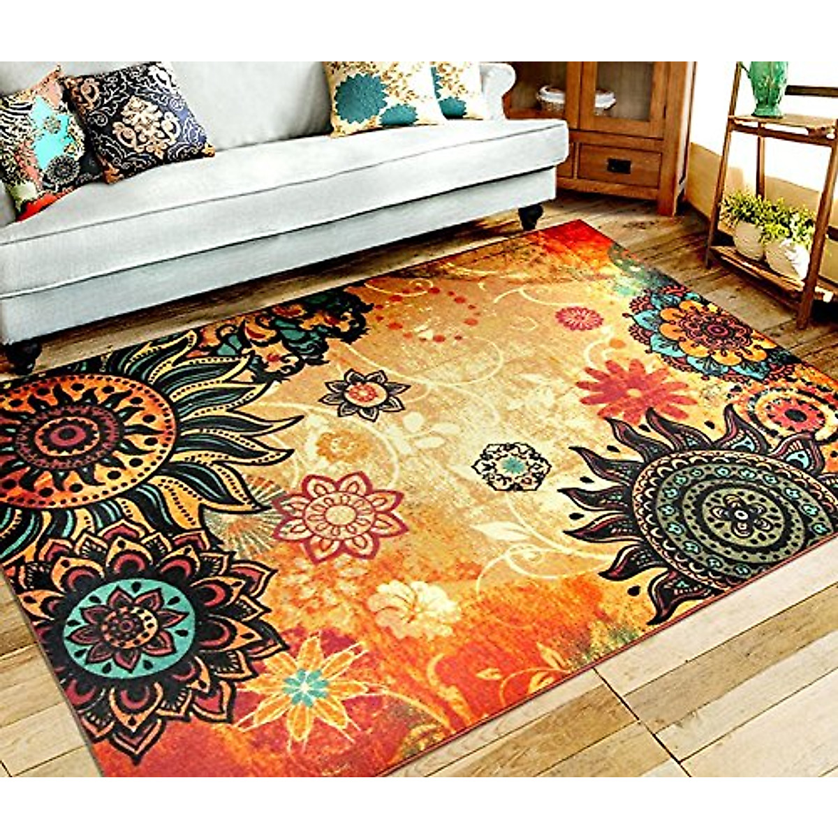 EUCH Contemporary Boho Retro Style Abstract Living Room Floor Carpets,Non-Skid Indoor/Outdoor Large Area Rugs,75"x98" Lotus