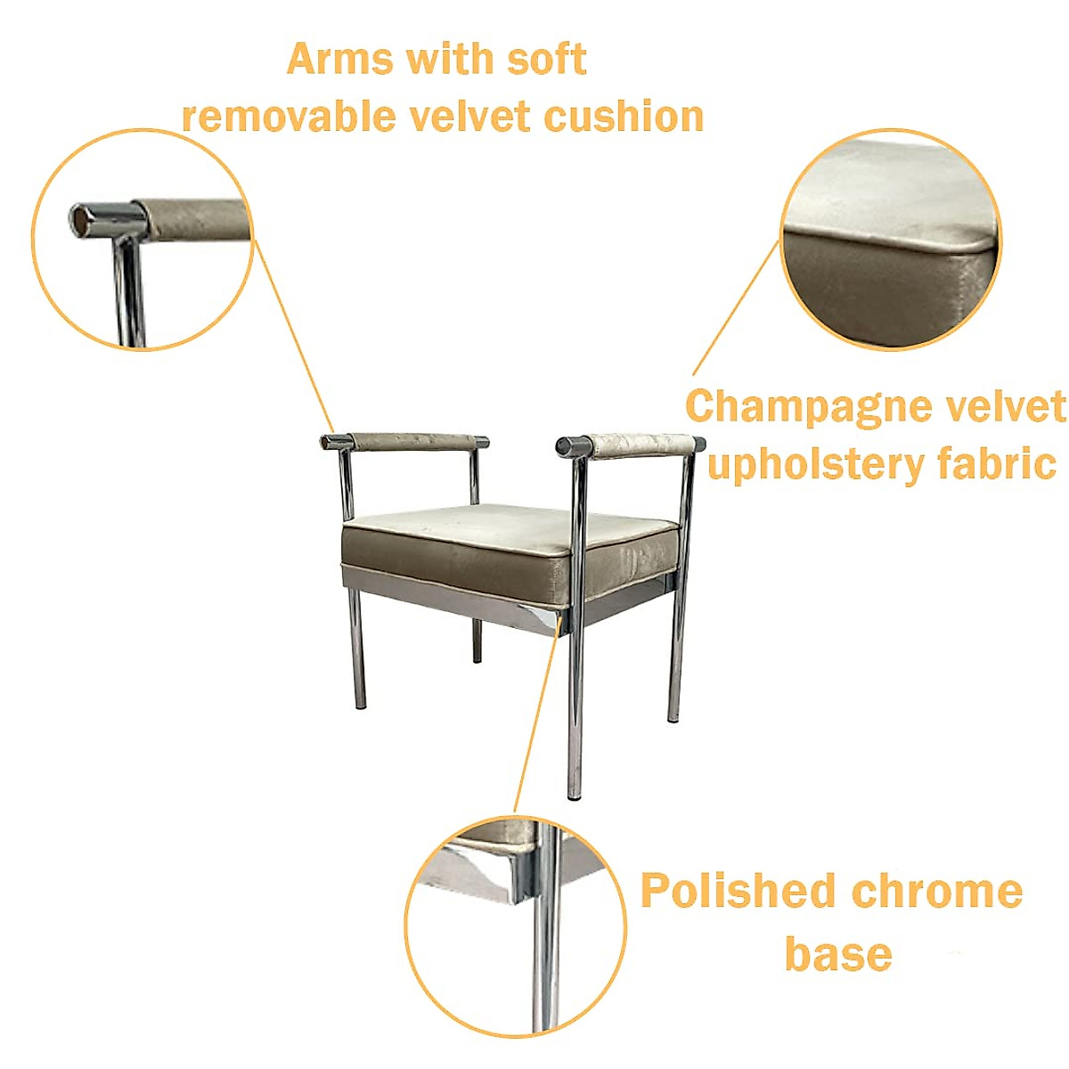 First of a Kind Modern champagne Seating Bench with arms, Modern Style Velvet upholstered Entry Way champagne Bench with Silver Frame, Seating Bench for Living Room, entryway, Bedroom, Vanity, Office.