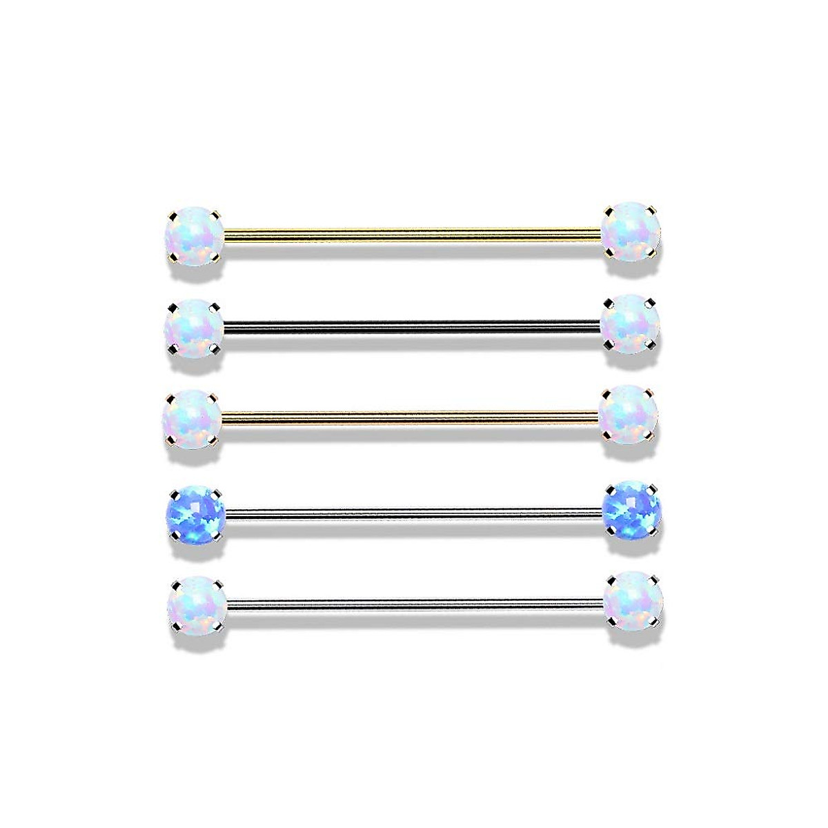 Pierced Owl 14G Stainless Steel Threadless Push-in Prong Synthetic Opal Industrial Barbell (Silver Tone/White Opal)