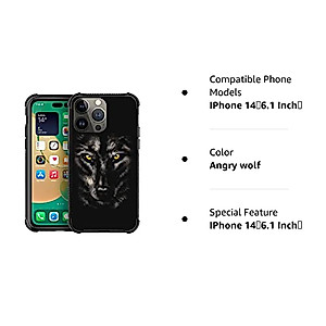 DJSOK Case Compatible with iPhone 14,HSK Angry Wolf with 4 Corners Protective Shockproof Soft TPU Bumper Slim Pattern Design Black Case for iPhone 14
