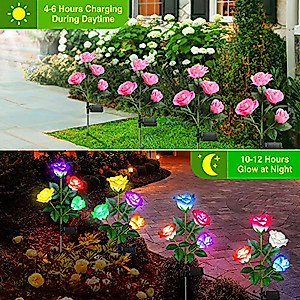 BUCASA Solar Garden Lights Outdoor 4 Pack, Upgraded Waterproof Solar Powered Outdoor Lights with 16 Rose Flowers, Bright Color Changing Solar Flower Lights for Pathway Walkway Patio Yard Lawn