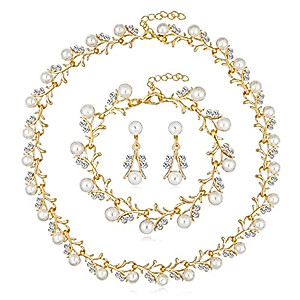 Unicra Pearl Bride Wedding Jewelry Set Crystal Bridal Necklace Bracelet Earrings Sets Rhinestone Choker Necklace Prom Costume Jewelry Set for Women and Brides (Gold)