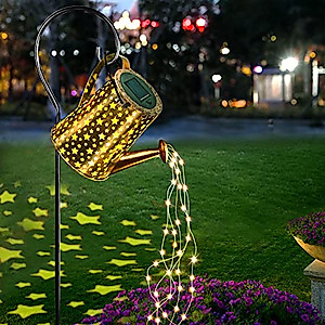 Solar Watering Can with Lights, Outdoor Decorative Garden Light Solar Fairy Lights, Waterproof Metal Retro Star Shower Art Hanging Waterfall Lights for Patio Lawn Yard (with Shepherd Hook)
