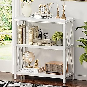 FATORRI Small Bookcase, Bookshelf for Small Space, Short Rustic Bookshelf, Wood and Metal Book Case and Book Shelf (White Oak)