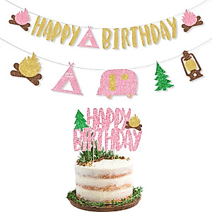 Camping Birthday Party Decorations Girl - Glitter Pink Happy Birthday Banner, Camping Theme Banner Garland, Pink Glitter Happy Birthday Cake Topper for Girl Camping Party Decorations