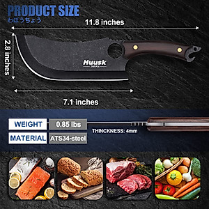 Huusk Meat Cleaver, Black Meat Cleaver Bundle with Outdoor Cooking Knife with Sheath Camping Knives BBQ Knife set