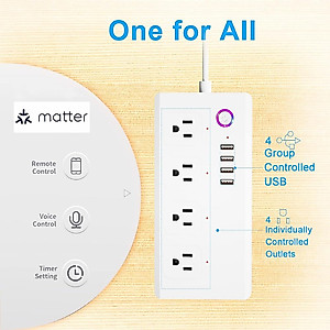 Smart Power Strip, Smart Plug with 4 AC Outlets and 4 USB Ports, WiFi Surge Protector Works with Alexa and Google Home, App/Remote/Voice Control, Schedule/Timer, White, 10A
