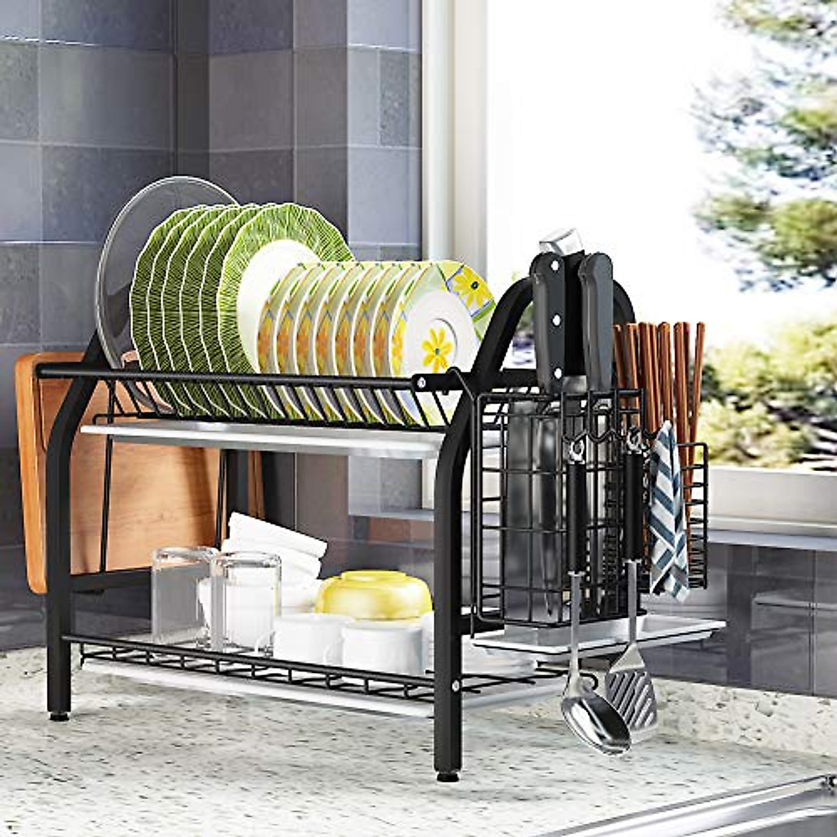 1Easylife Dish Drying Rack, 2 Tier Dish Rack Stainless Steel with Utensil Knife Holder and Cutting Board Holder Dish Drainer with Removable Drain Board for Kitchen Counter Organizer Storage