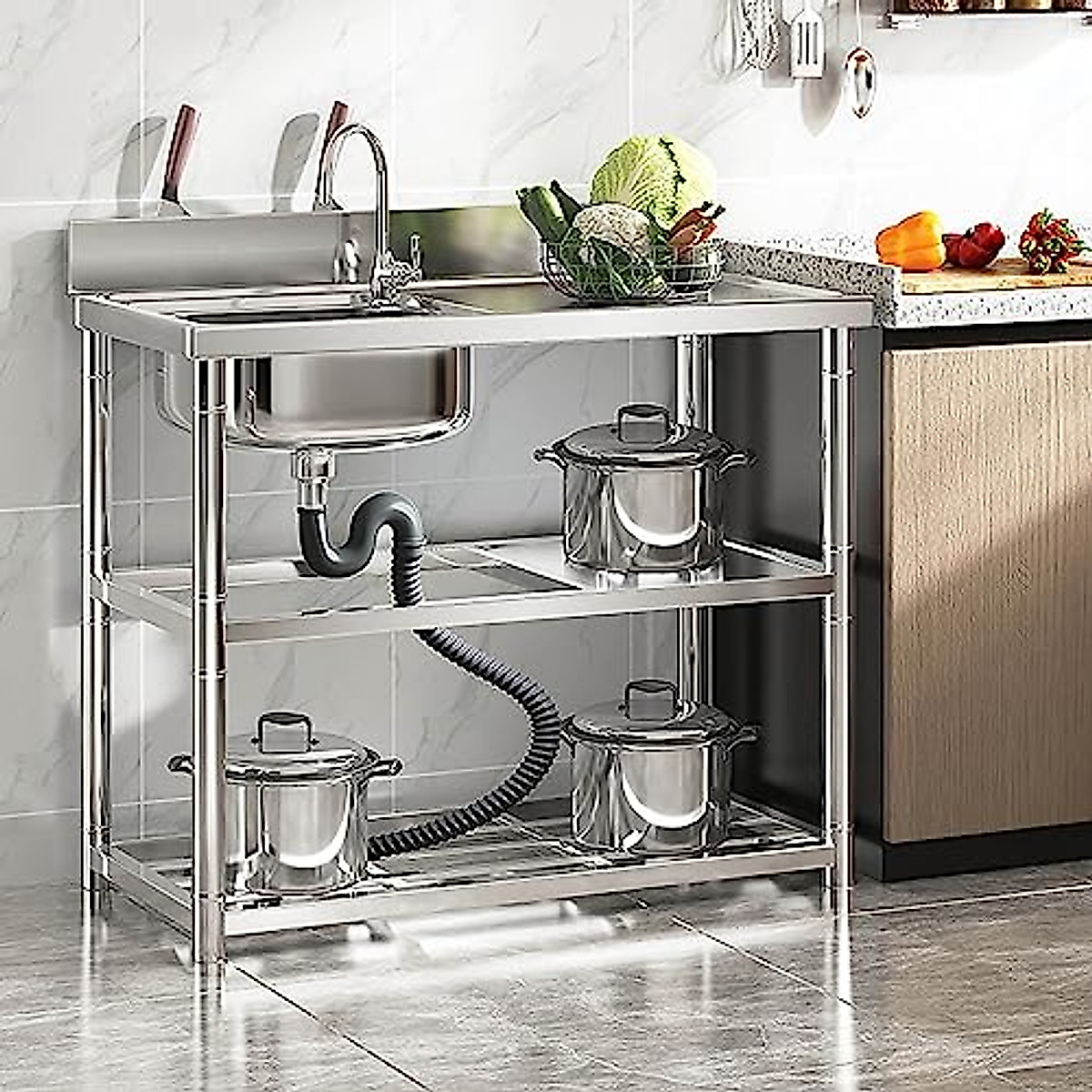 Stainless Steel Kitchen Sink Utility Sink Single Bowl Freestanding Outdoor Sinks with Faucet, Drainboard Workbench, Storage Shelves, Industrial Sink for Garage,Restaurant - 3 Sizes (Size : 35.5in)