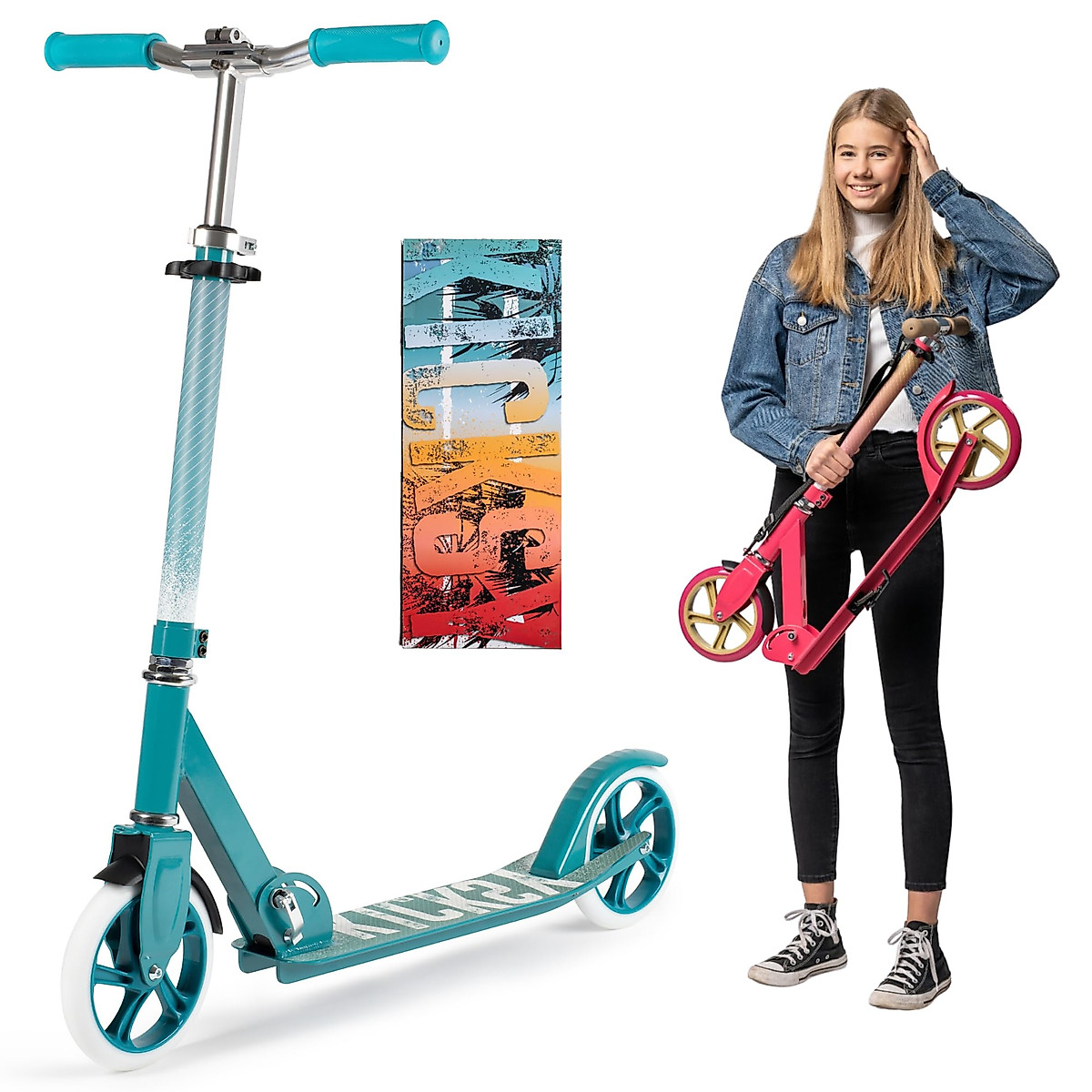 Kicksy - Kick Scooter for Kids Ages 8-12 & Scooter for Teens 12 Years and Up- Big Wheel Scooter for Stability - 2 Wheel Scooter for Boys & Girls- Foldable Kick Scooter Adult - Up to 220 lbs Miami