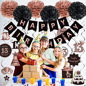 BRT Bearingshui Happy 13th Birthday Hanging Swirls Streamers Decoration Set, Happy Birthday Banner with Tissue Pompoms, Rose Gold and Black 13 Years Old Birthday Party Hanging Backdrop Decorations